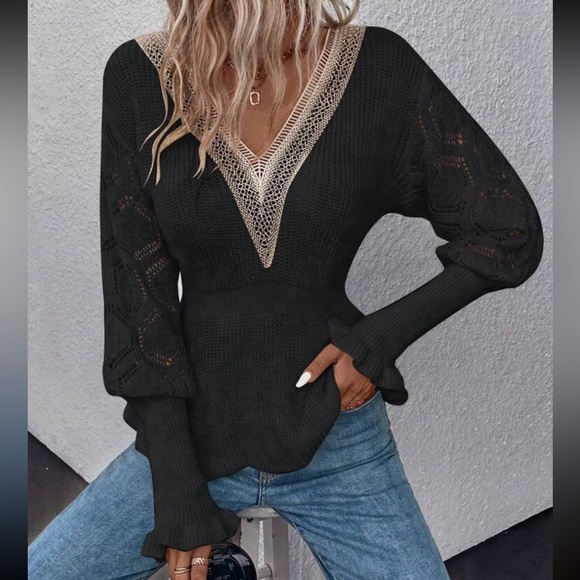 Sweaters | Comfy Sheer Mesh Crochet Guipure Lace Cuff Long Sleeve ...